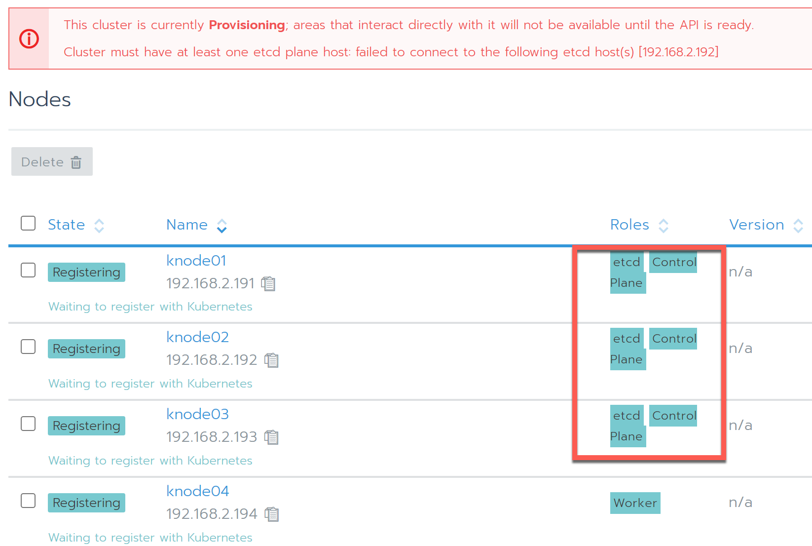 Cluster must have at least one etcd plane host: failed to connect to ...