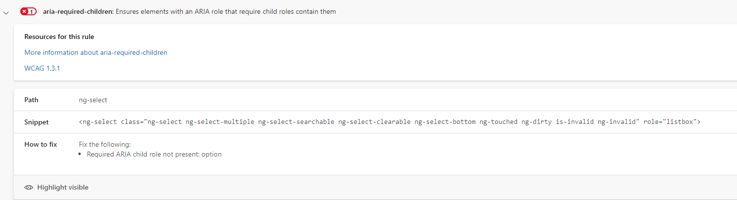 Accessibility Ng select ARIA Roles And Controls combobox Listbox Option Improperly Set 