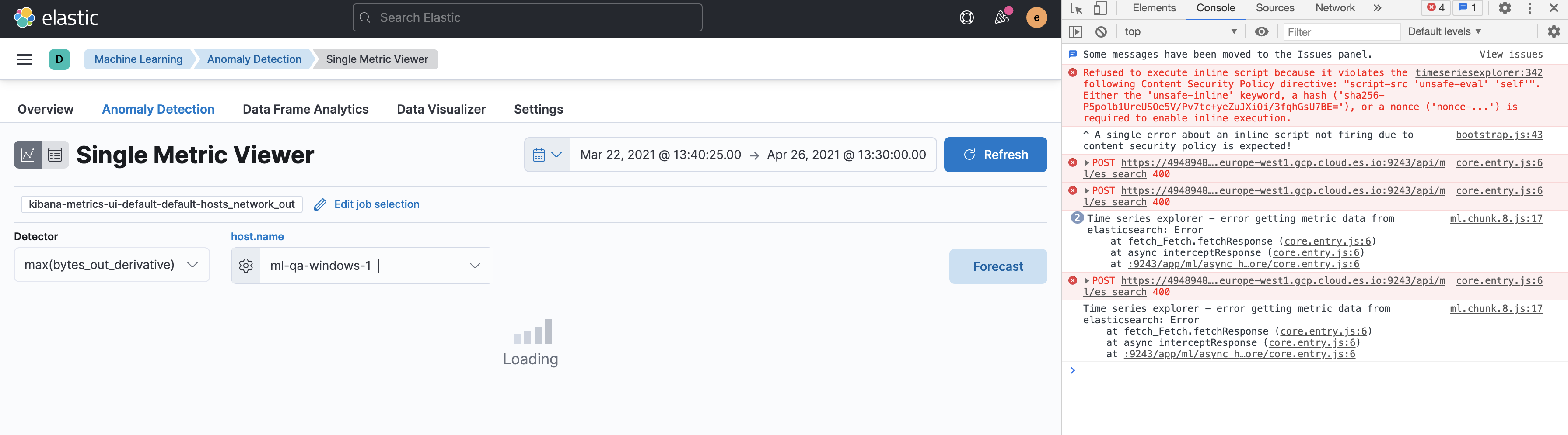 [ML] Single Metric Viewer: Errors on thrown to dev console, misleading loading state in UI ...