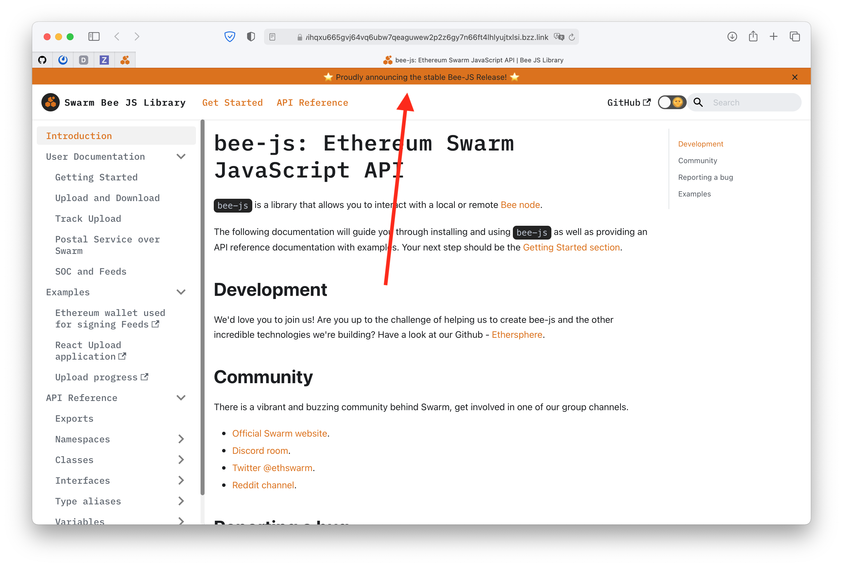 Remove the stable Bee-JS announcement bar · Issue #92 · ethersphere/bee-js-docs · GitHub