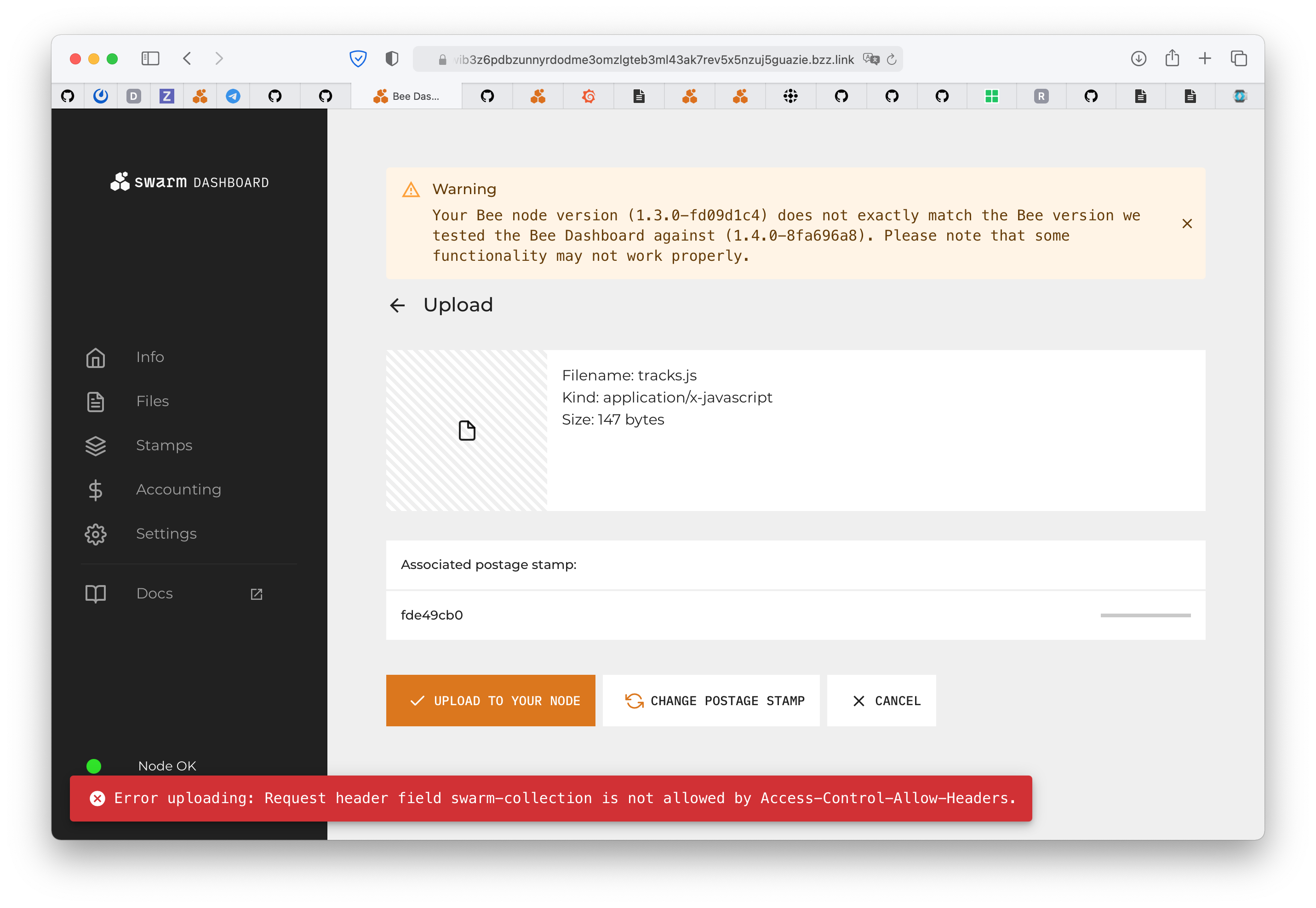 Uploading fails because of CORS issue · Issue #265 · ethersphere/bee-dashboard · GitHub