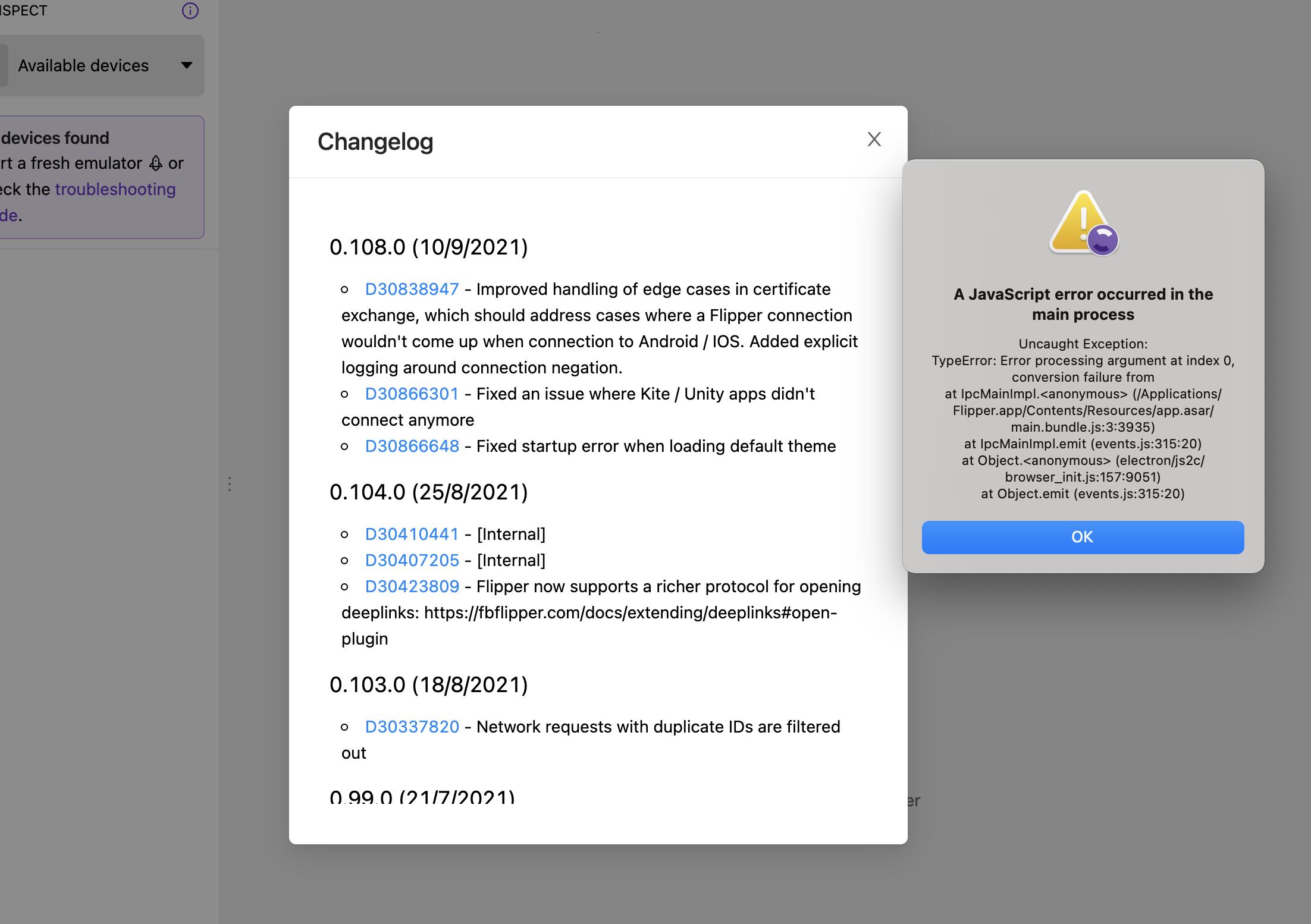 Flipper v0.108.0 A JavaScript error occurred in the main process · Issue #2842 · facebook ...