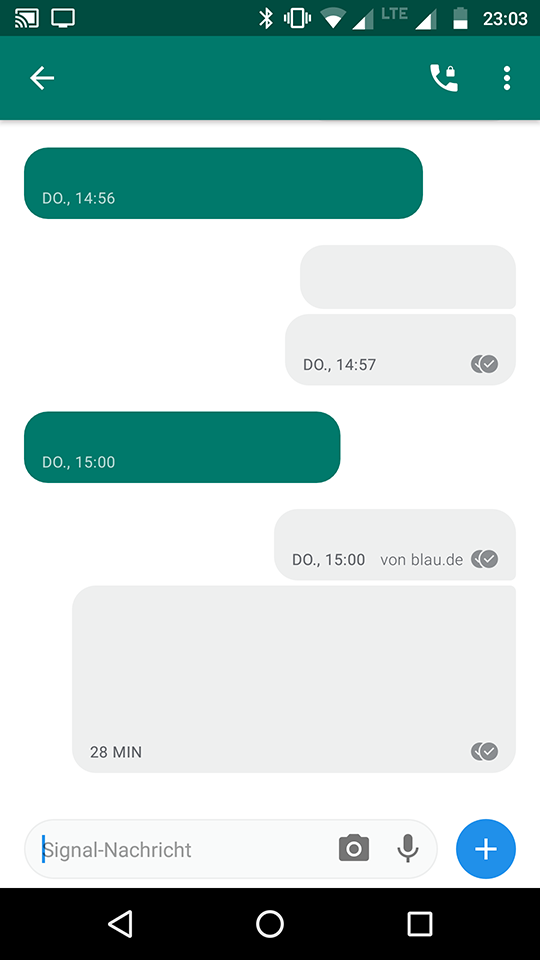 Regular Signal messages sent with quick reply feature showing SIM ...