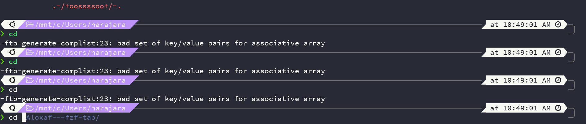 cd command throws -ftb-generate-complist:23: bad set of key/value pairs for associative array ...