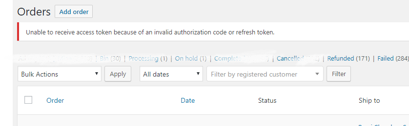 Unable to receive access token because of an invalid authorization code or refresh token ...