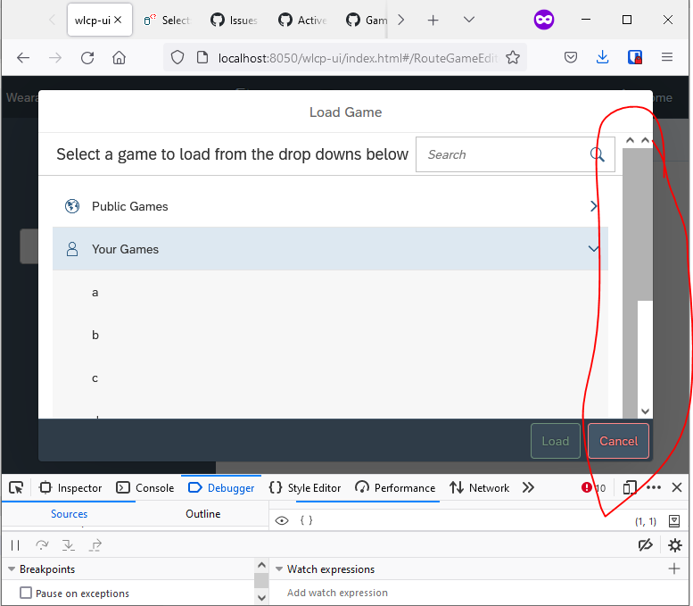 Game Editor : load game double scrolling bars on small screen · Issue ...
