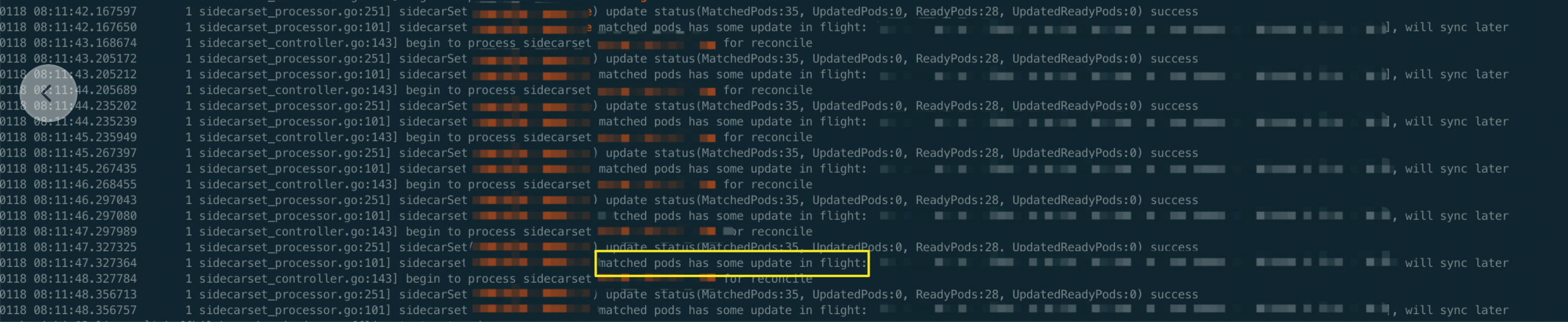 [BUG] SidecarSet cannot recover from "Sidecarset xxx matched pods has some update in flight ...