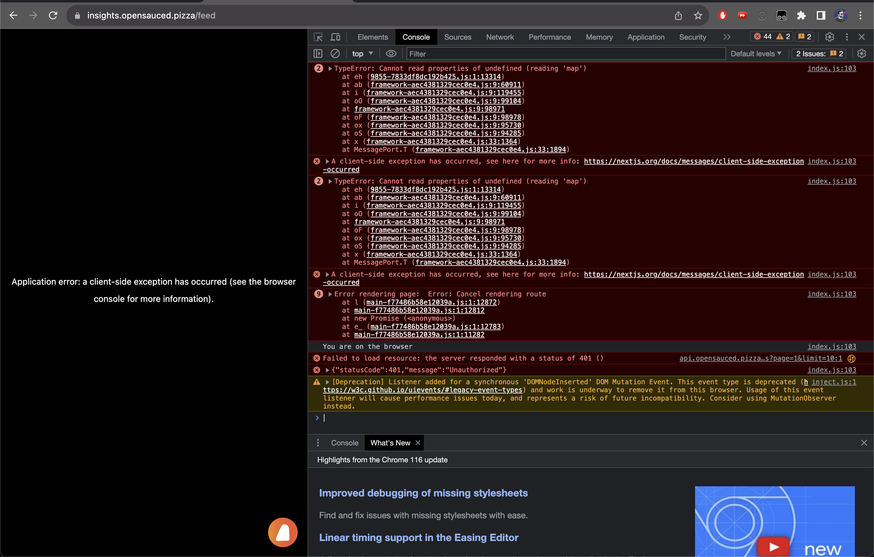 Bug: User profile page throws Application error (cannot read property of undefined: reading map ...