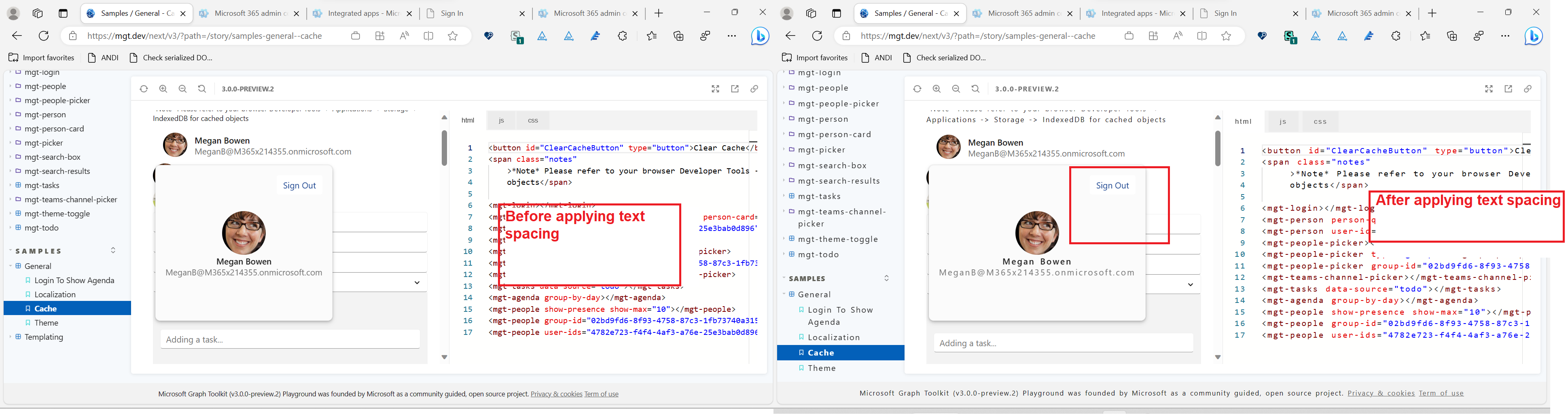 [MGTP-Components-Sample-General-Cache]: ‘Megan Bowen’ and ‘Email ID’ information texts under ...