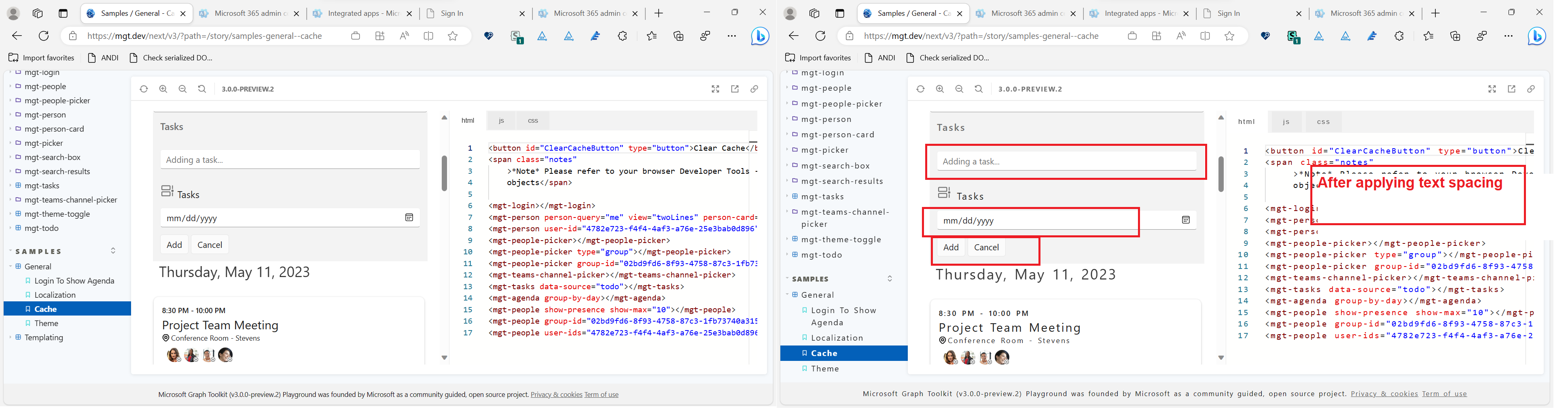 [MGTP-Components-Sample-General-Cache]: ‘Megan Bowen’ and ‘Email ID’ information texts under ...