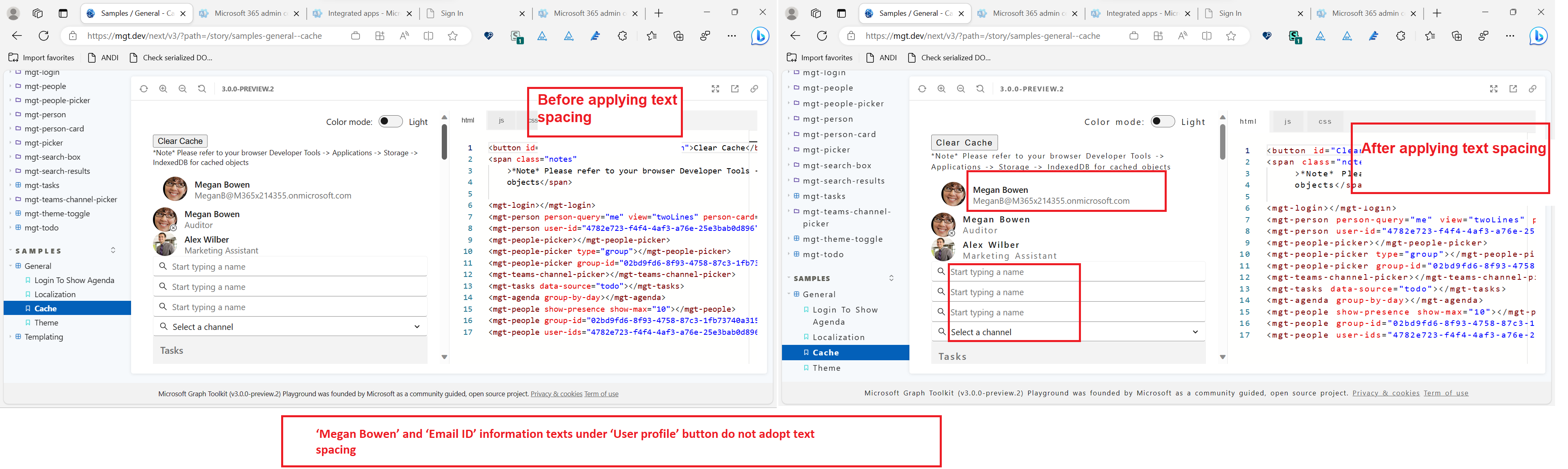 [MGTP-Components-Sample-General-Cache]: ‘Megan Bowen’ and ‘Email ID’ information texts under ...