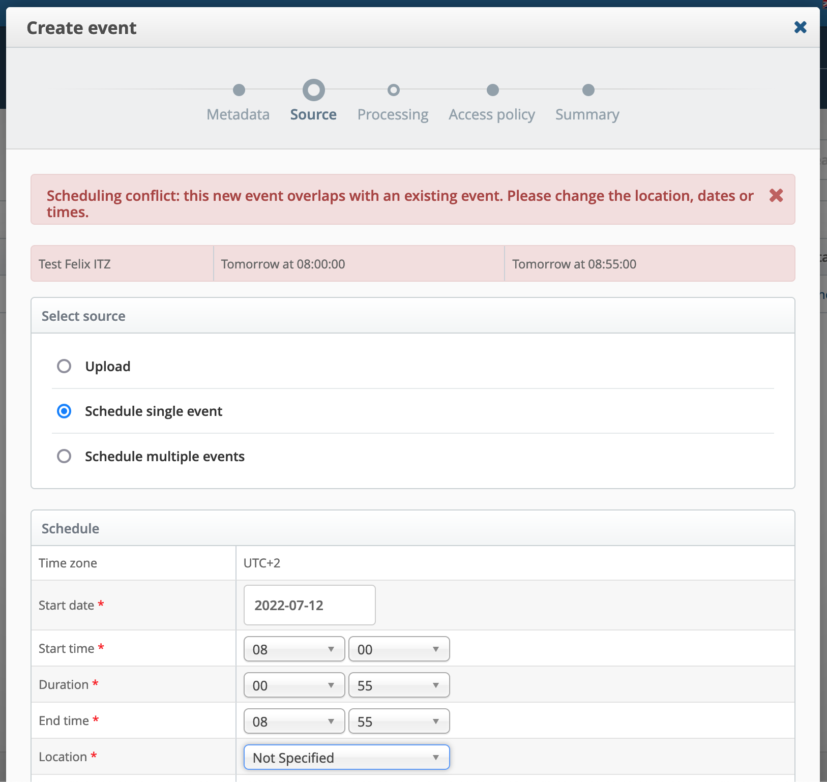 Missing conflict checking while creating a new event · Issue #68 · opencast/opencast-admin ...