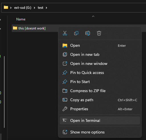 "Open in Terminal" from Explorer context menu doesn't work when path ...