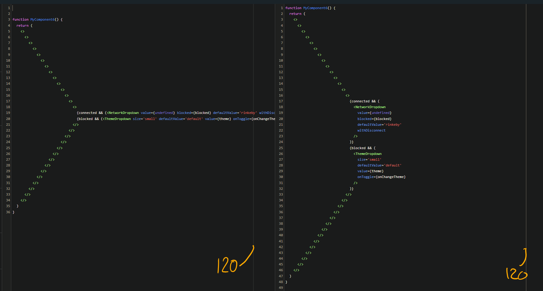 Undesired formatting changes in JSX when changing indentation. Is PrintWidth a lie? · Issue ...