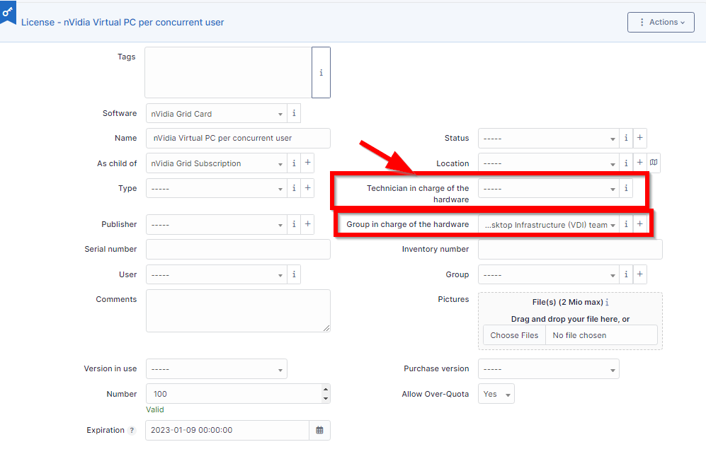 Expired License notification - unable to select 'Group in charge of the Hardware' as ...