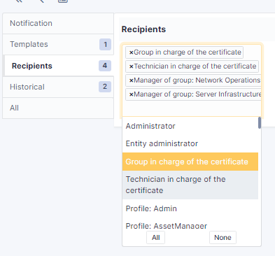 Expired License notification - unable to select 'Group in charge of the ...