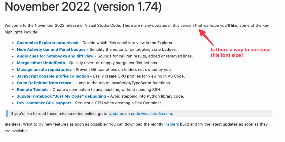 Increase font size in release notes, extension description, settings ...
