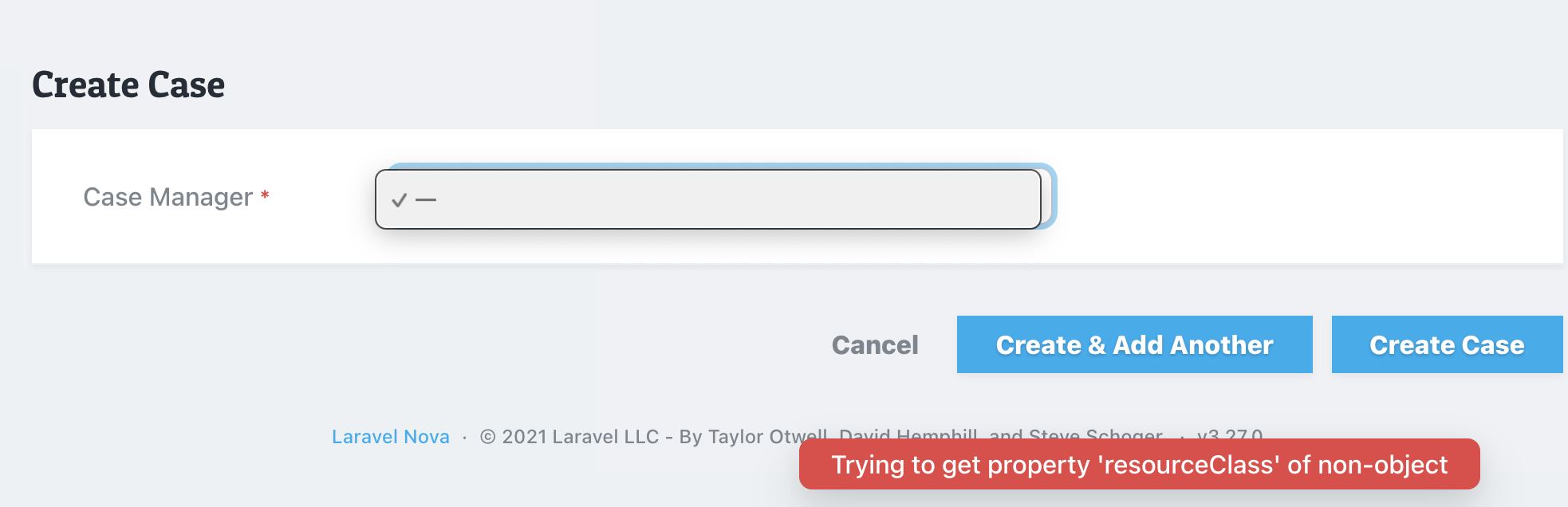 The BelongsTo field dropdown throws `Trying to get property 'resourceClass' of non-object` when ...