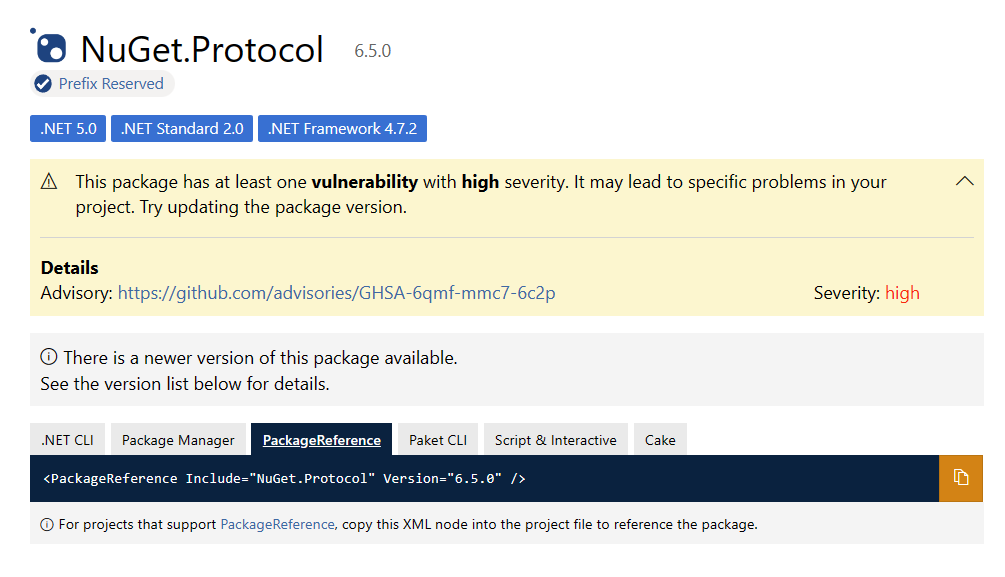 Remote Code Execution Vulnerability nuget package NuGet.Protocol V6.5.0 (CVE-2023-29337) · Issue ...