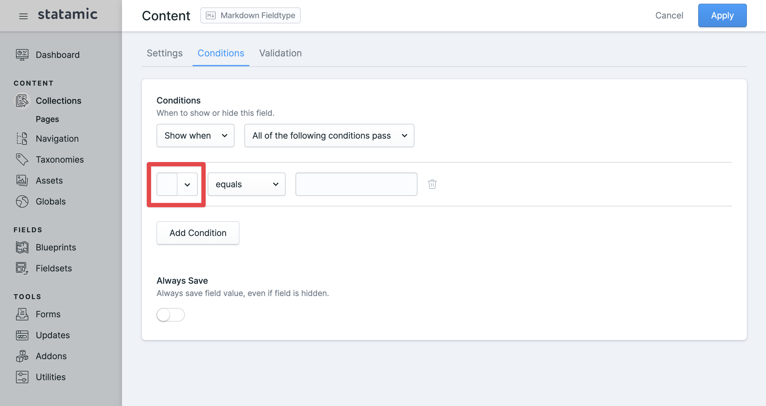 Conditions field UI bug · Issue #7956 · statamic/cms · GitHub