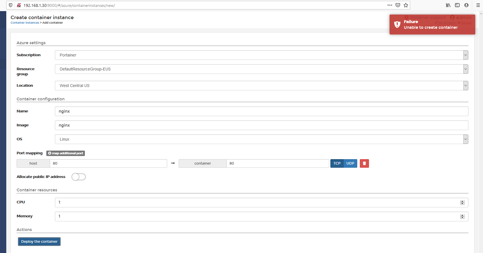 Portainer with Azure ACI endpoint, unable to deploy container when "allocate public IP" is ...