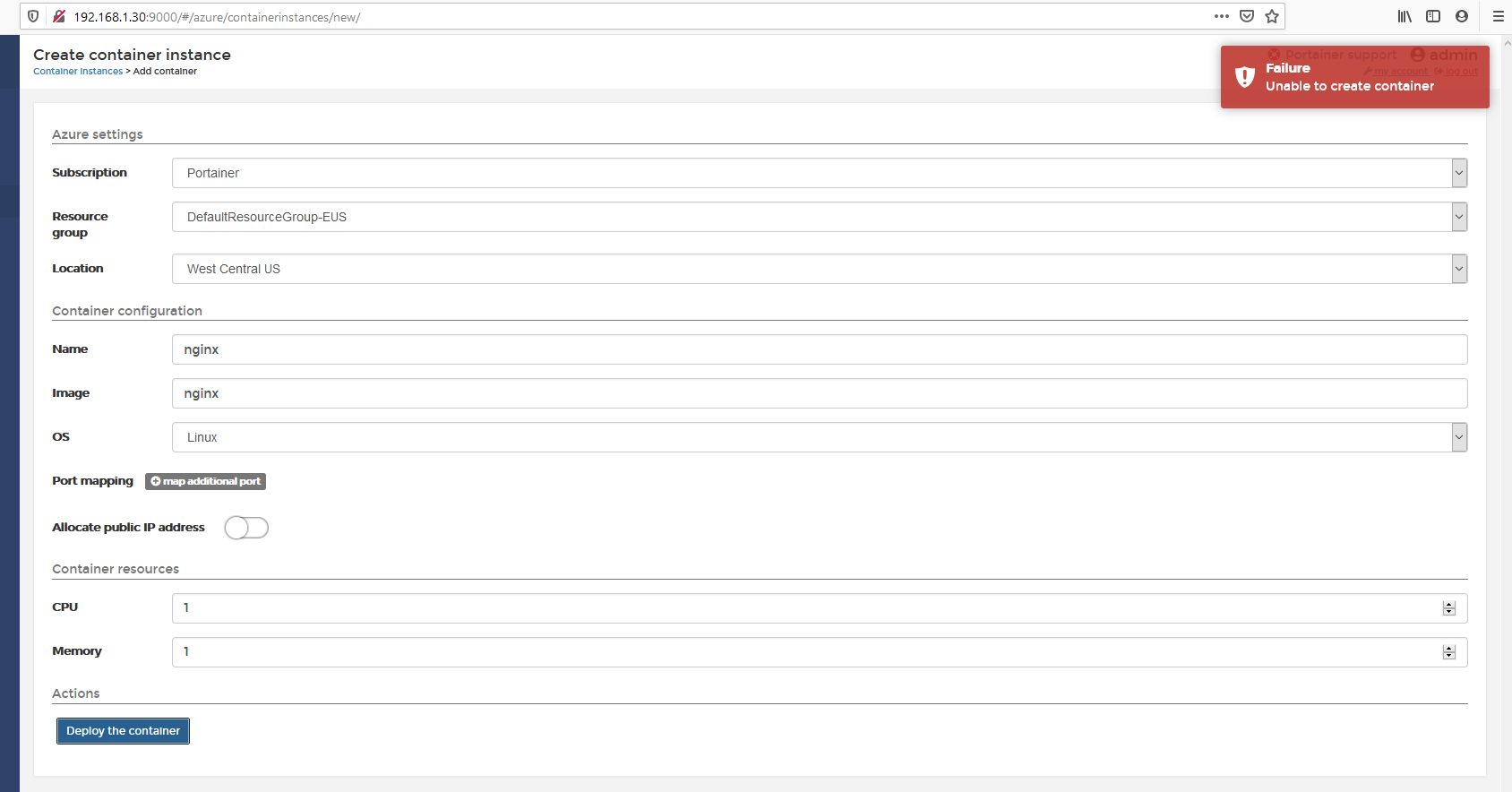 Portainer with Azure ACI endpoint, unable to deploy container when "allocate public IP" is ...