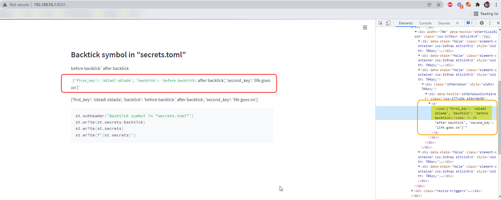 Backtick symbol breaks rendering of st.secrets dict · Issue #4226 ...