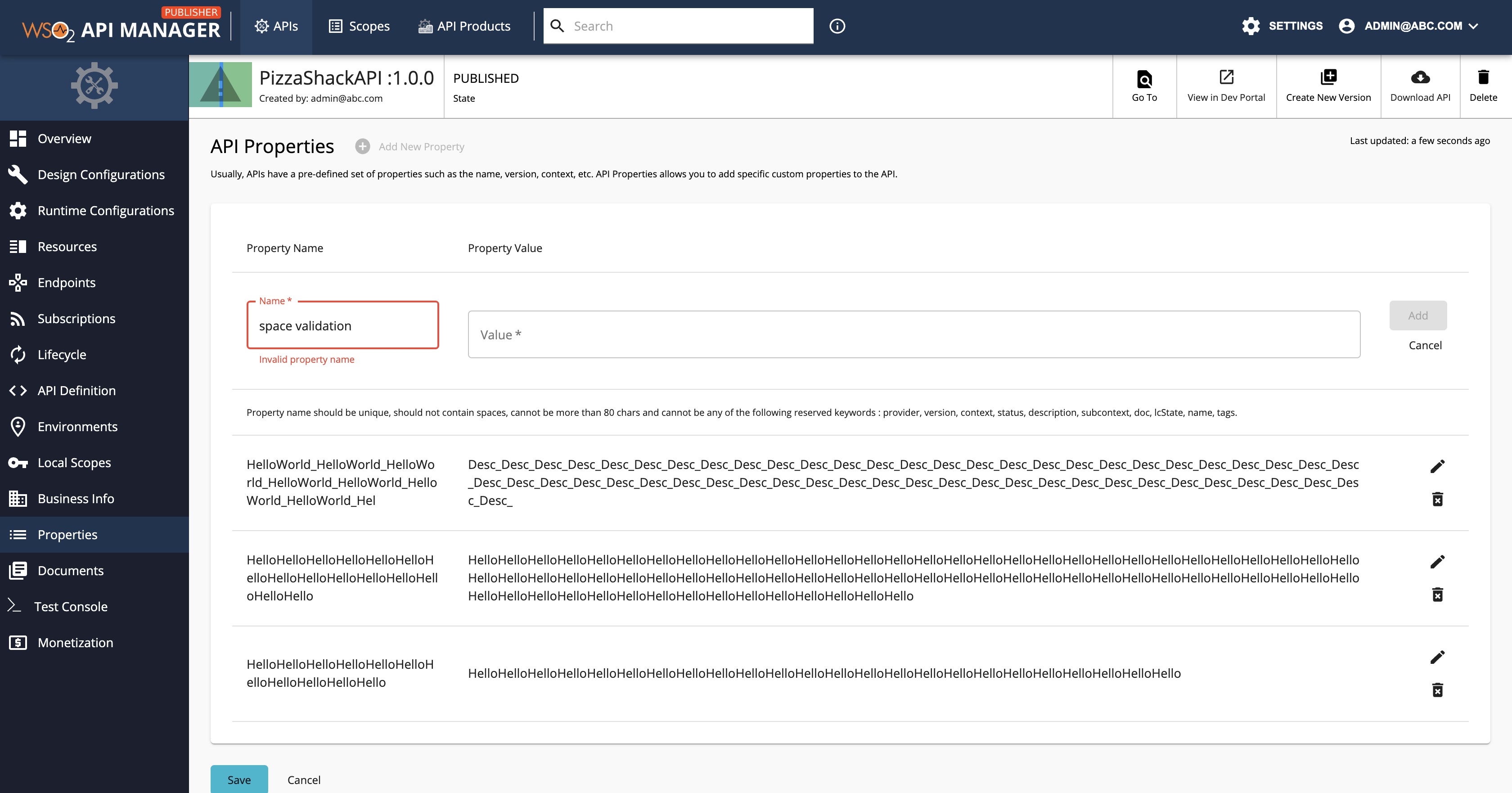 Validate for long API custom property and validate spaces and overflow of table content by ...
