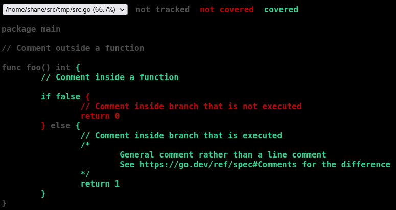 testing: -coverprofile includes comment-only lines as covered or not ...