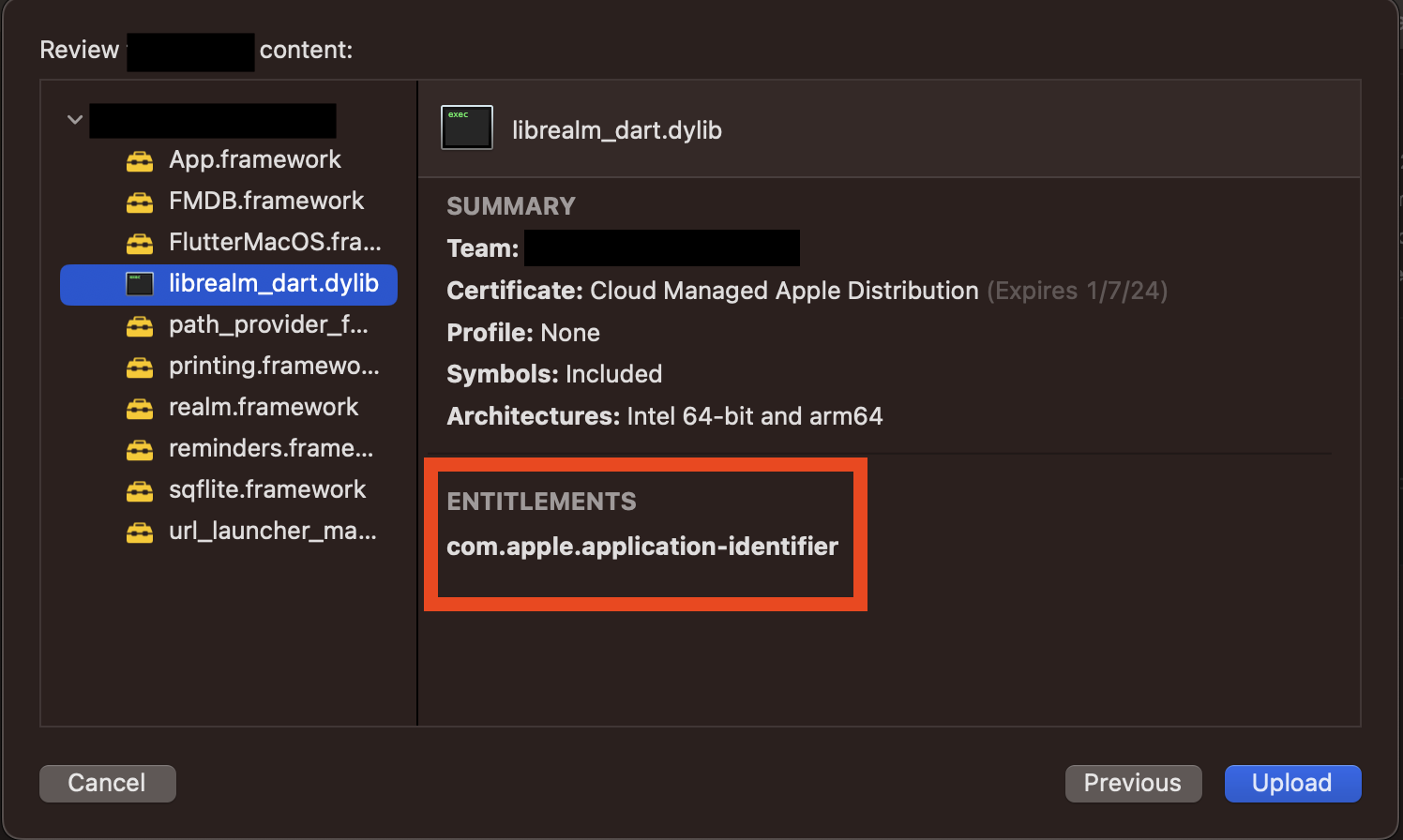 Using realm in my app, I can publish my app on the iOS AppStore, but when I upload the app to ...