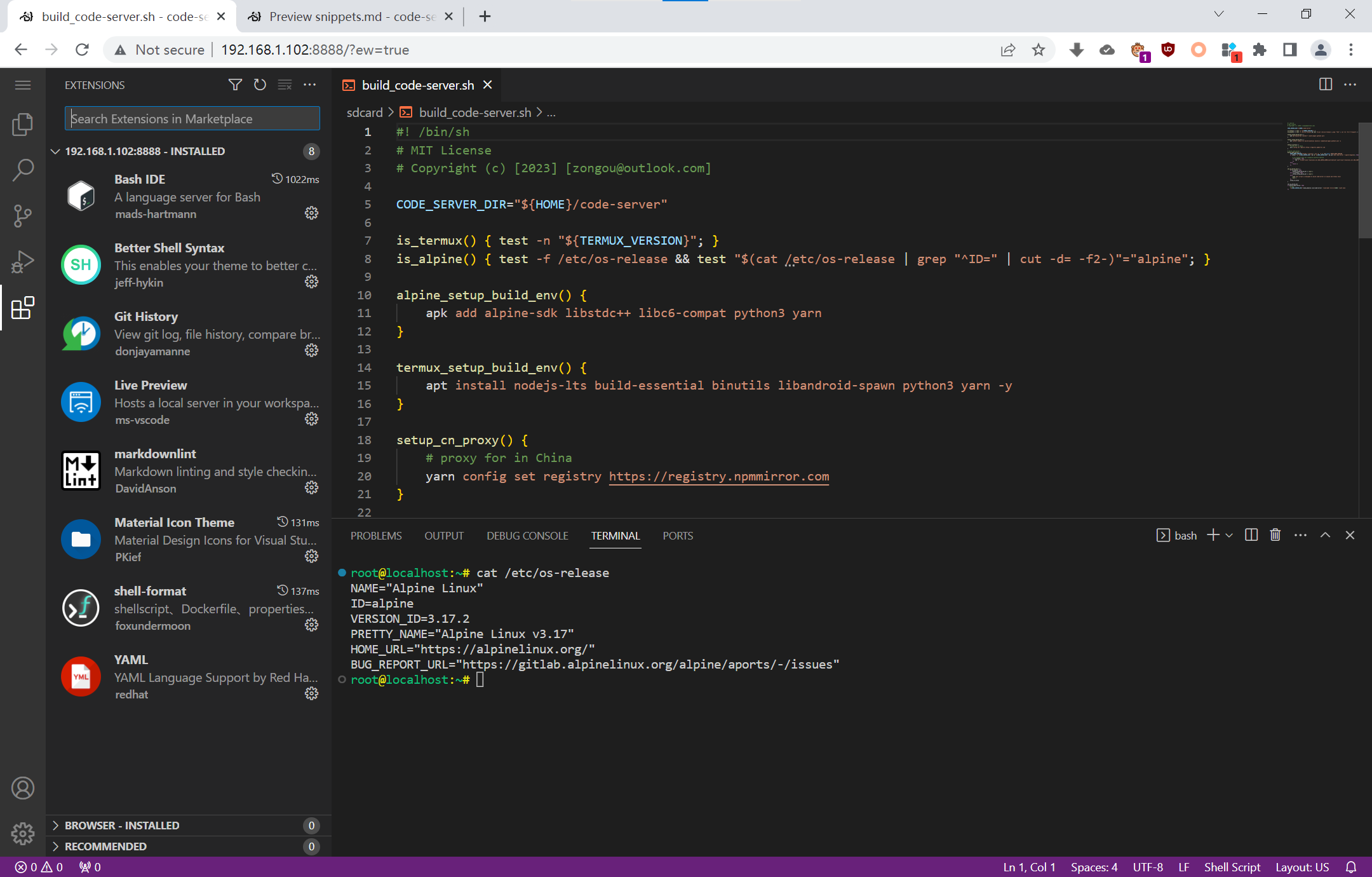 [Bug]: I can't open terminal in the server · Issue #6055 · coder/code-server · GitHub
