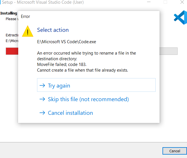 VS Code doesn't install due to MOVEFILE Faile Code 183 · Issue #132532 ...