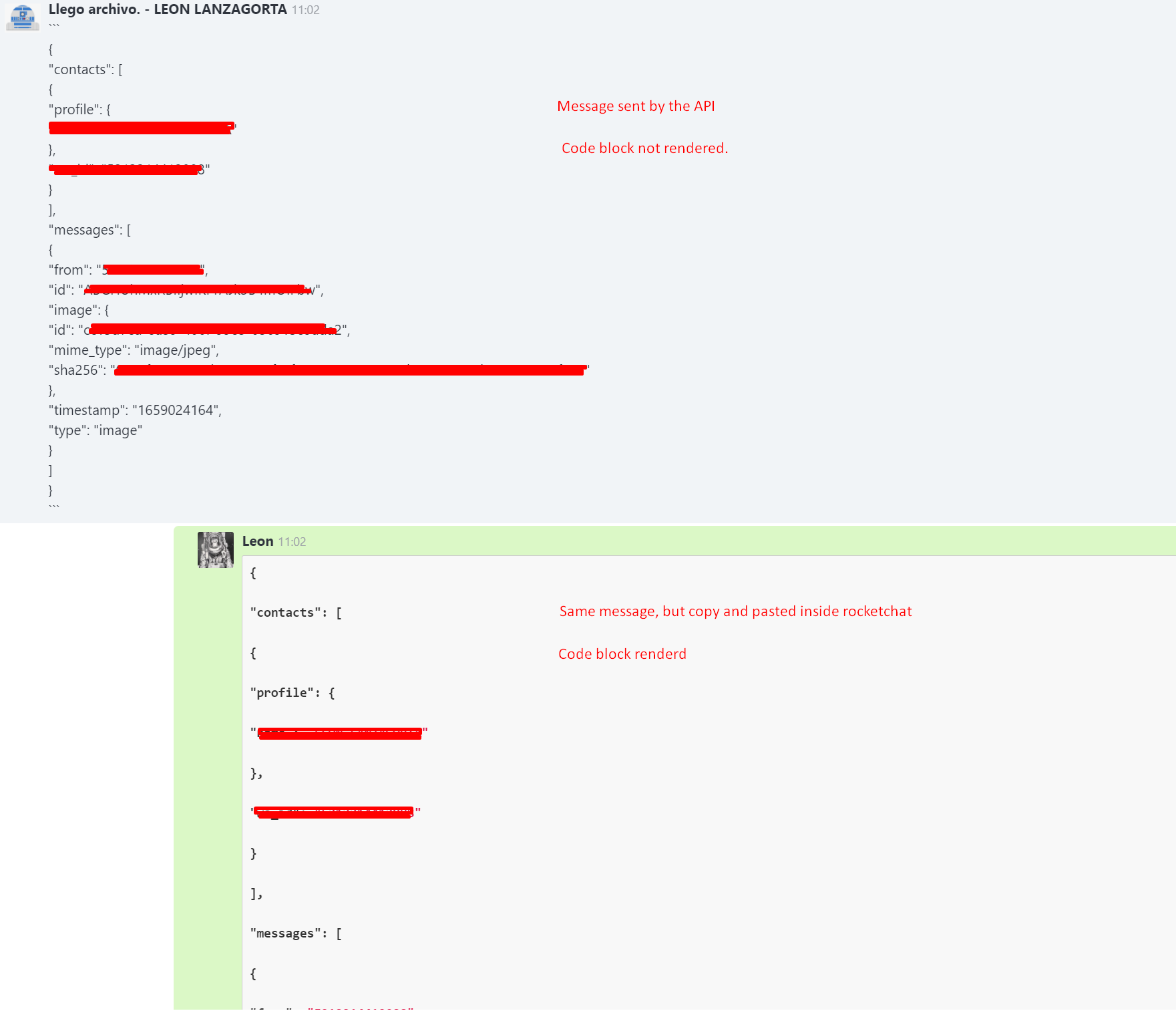 5 0 Code Block Style Message Not Rendering When Messages Sent By Api