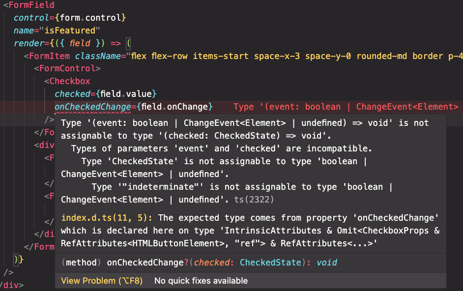 Checkbox onCheckedChange not compatible with Form field.onChange · Issue #657 · shadcn-ui/ui ...
