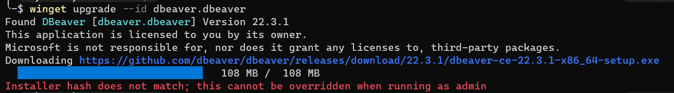 WinGet - Failed to install (Hash mismatch) - 22.3.1 · Issue #18631 · dbeaver/dbeaver · GitHub