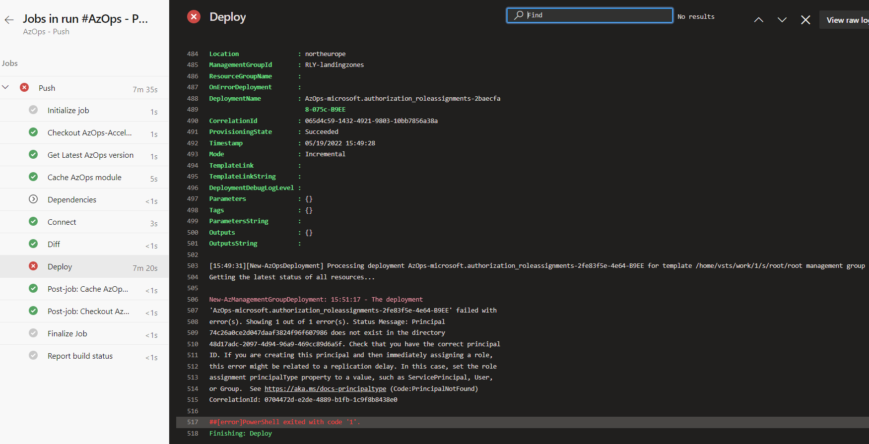 Running "AzOps - Push" - "Principal 74c26a0ce2d047daaf3824f96f607986 does not exist in the ...