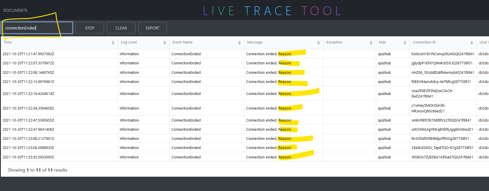 Live trace tool never indicates reason & event code for ...
