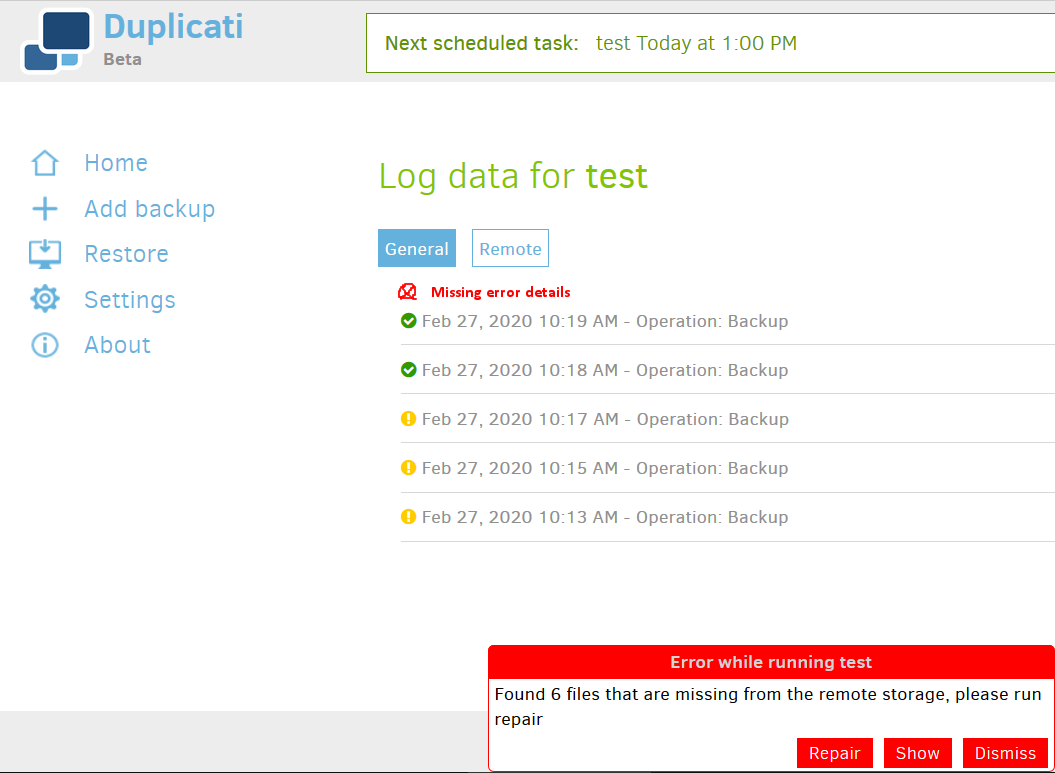 Missing Error in log · Issue #4120 · duplicati/duplicati · GitHub