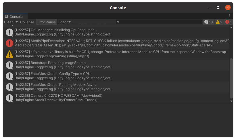 Face Mesh Execution Error · Issue 915 · Homuler Mediapipeunityplugin · Github