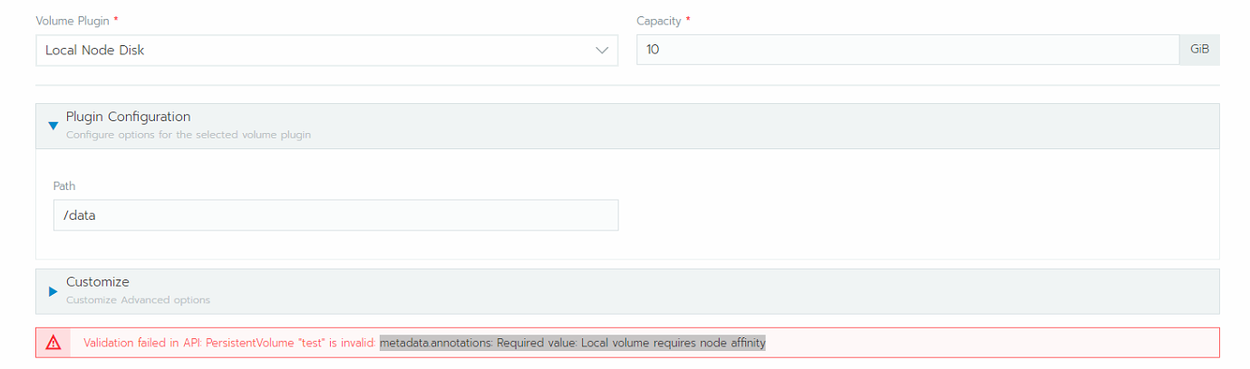 Unable to create persistent volume "Local Disk Path" from Rancher UI and API · Issue #12284 ...