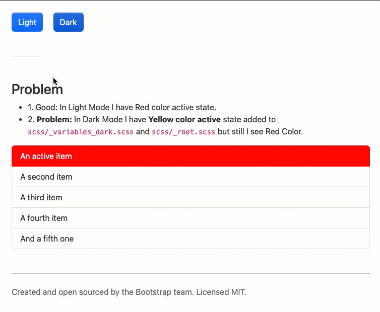 Dropdown Dark: Active Background change in variables.scss do not work. · Issue #39226 · twbs ...