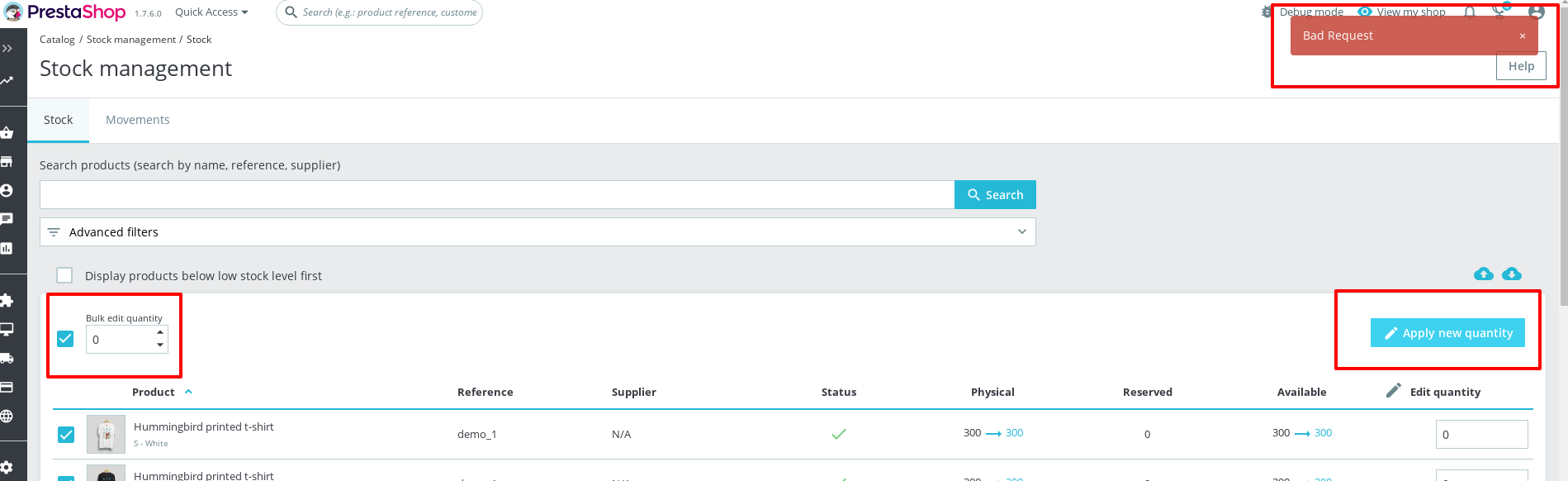 "Bad request" error message when using bulk edit quantity with "0" · Issue #12672 · PrestaShop ...