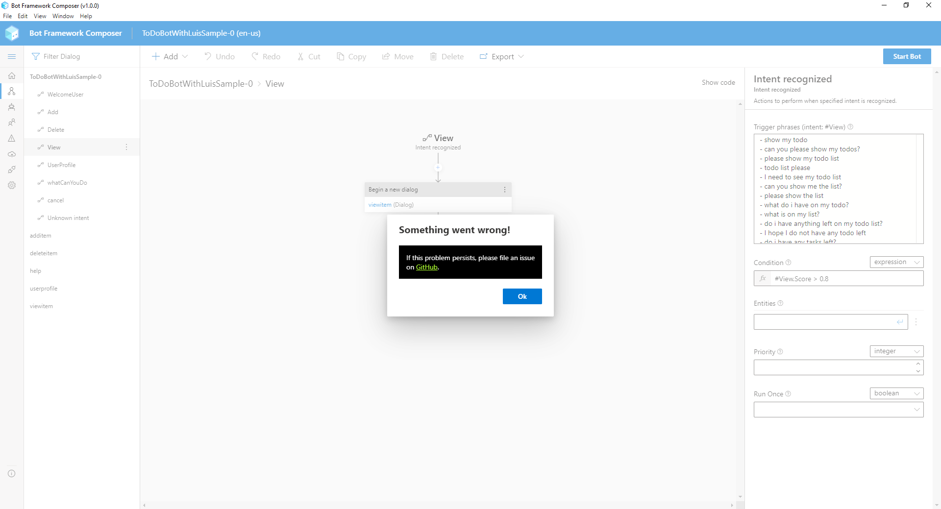 'Something went wrong' when navigating triggers or editing language ...