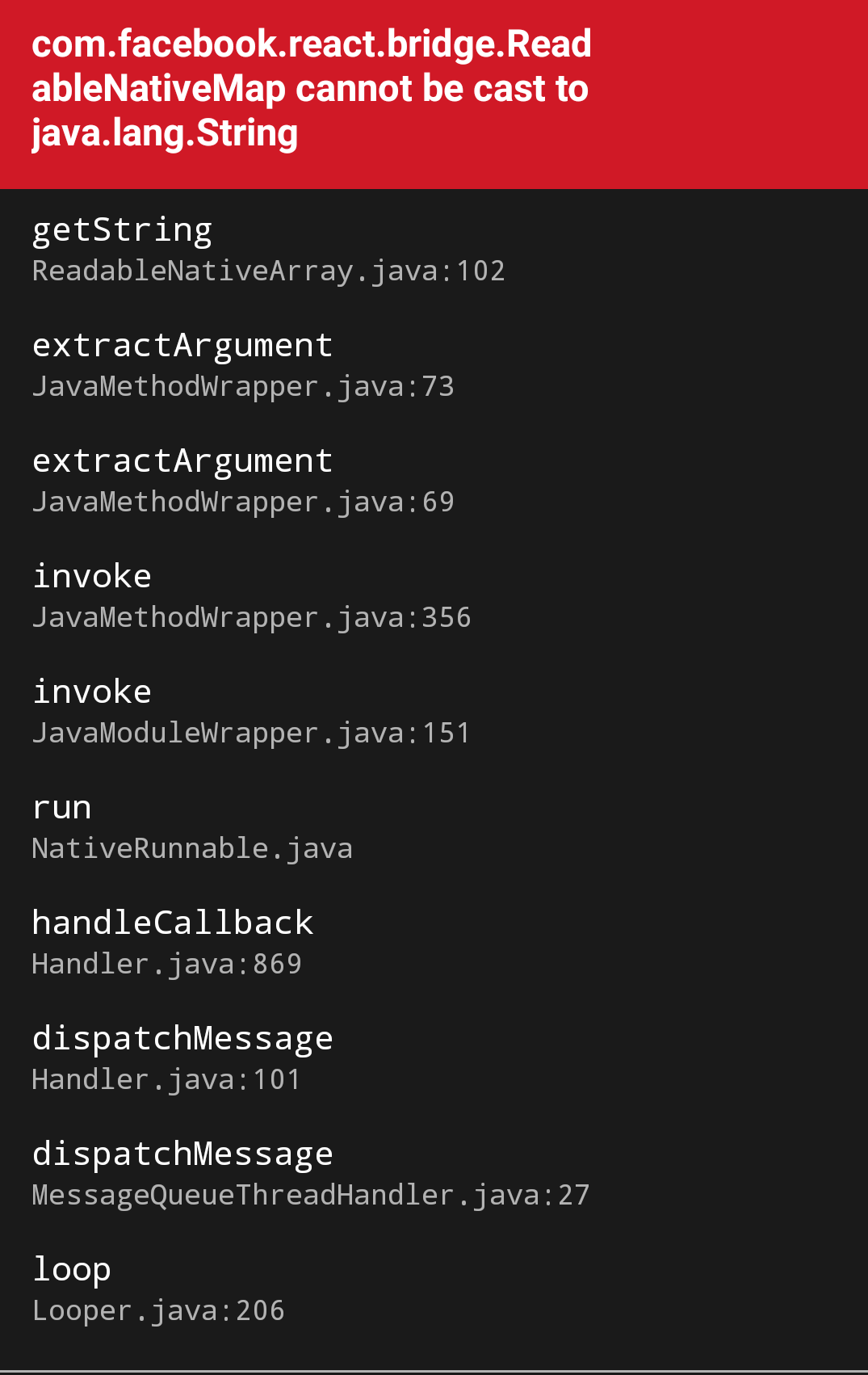 [android] Com Facebook React Bridge Readablenativemap Cannot Be Cast To Java Lang String · Issue