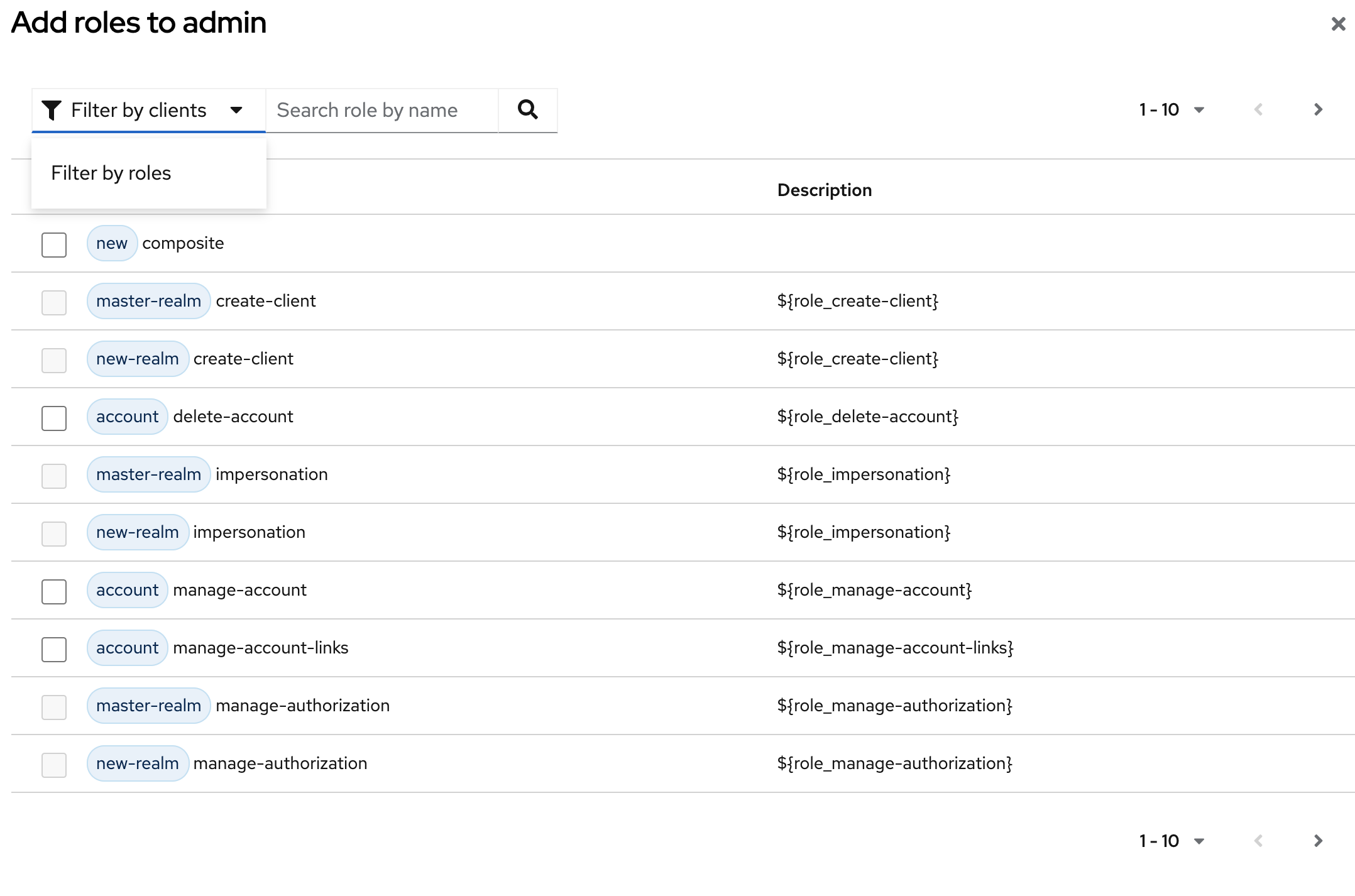 [UX Review] Realm roles / client roles / User registrations: the modal ...