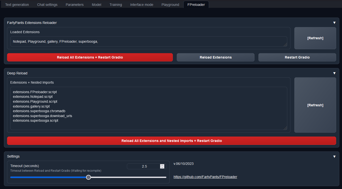 GitHub - FartyPants/FPreloader: Hard Reload oobabooga text WebUI extensions