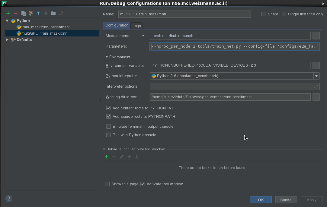 Pycharm configuration - multi GPU training · Issue #199 · facebookresearch/maskrcnn-benchmark ...