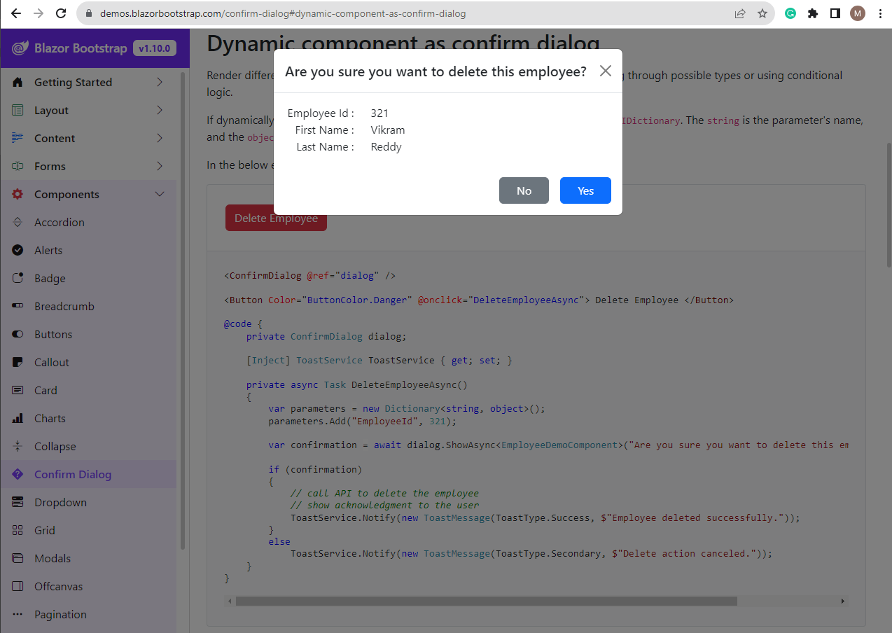 It looks like ModalService.ShowAsync(modalOption) will not wait the modal window button to be ...