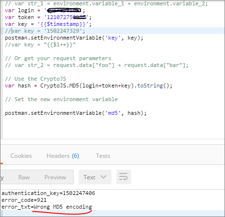 Pre-request Script: Wrong MD5 encoding when using dynamic variables $timestamp & $randomInt ...