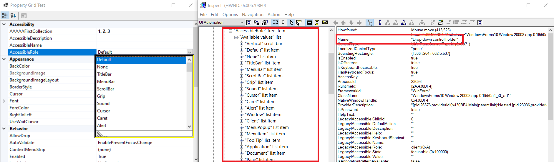 Inspect can't find PropertyGrid's highlighted dropdown list in the accessibility tree · Issue ...